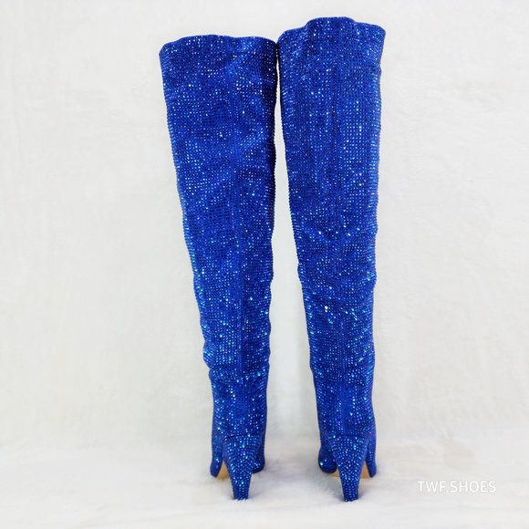 Mata Shoes | Shoes | Vegas Blue Rhinestone Over The Knee Thigh Boots ...